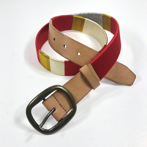 Accessories | Leather Belt Thread Wrap Colorblock Red Metallic | Poshmark